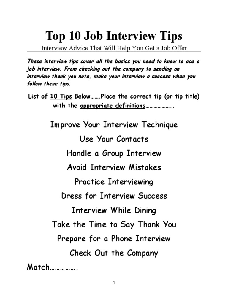 Top 10 Job Interview Tips (Level 6-7) - Practice With Partner | PDF ...