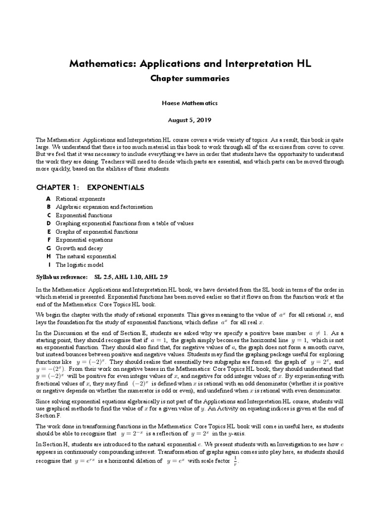 Mathematics: Applications and Interpretation HL: Chapter Summaries ...