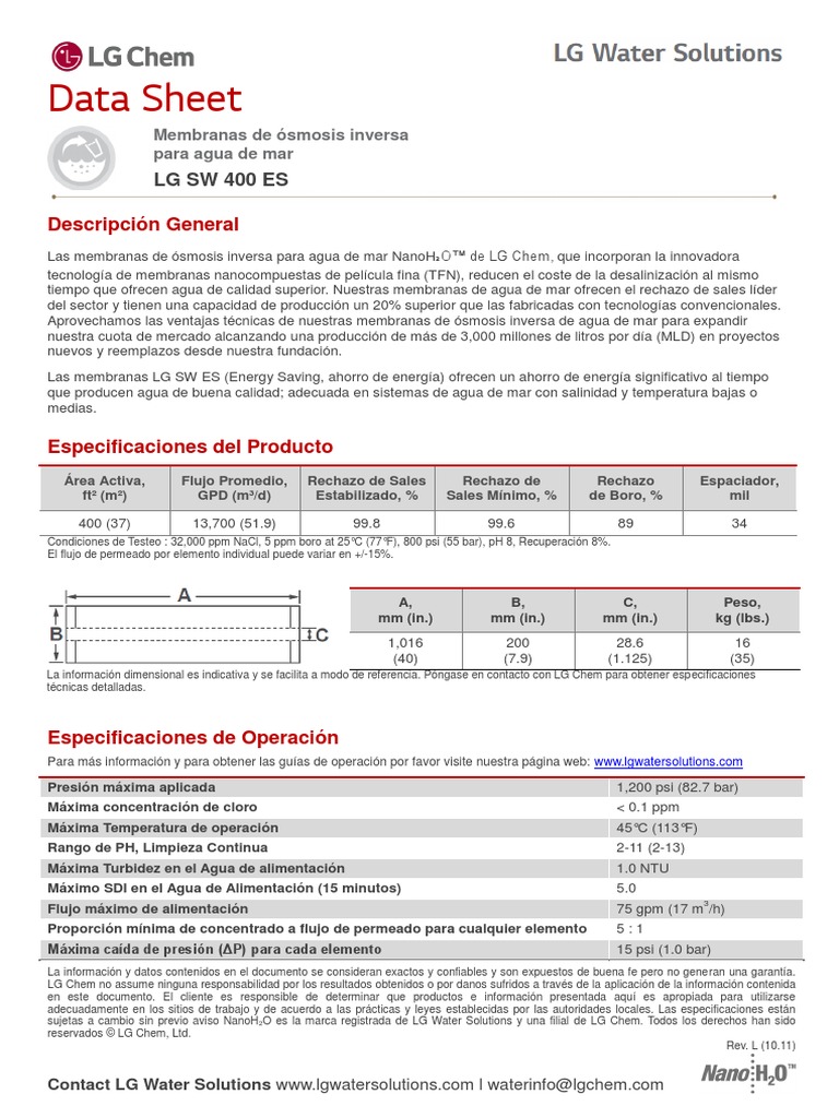 Datasheet LG SW 400 Es Esp | PDF | Ósmosis | Agua de mar