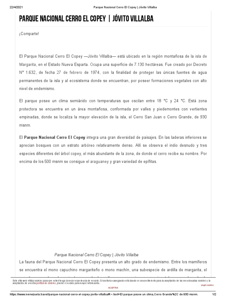 Parque Nacional Cerro El Copey - Jóvito Vallaban | PDF | Conservación ...