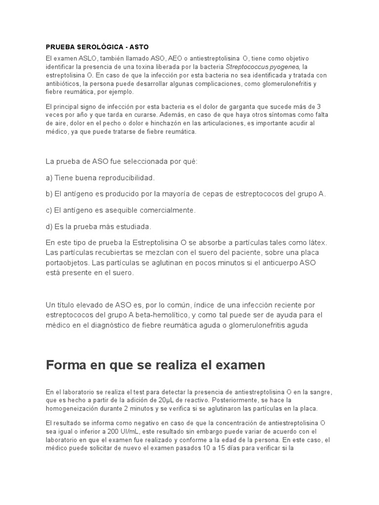 Prueba Serológica - Asto | PDF | Estreptococo | Sangre