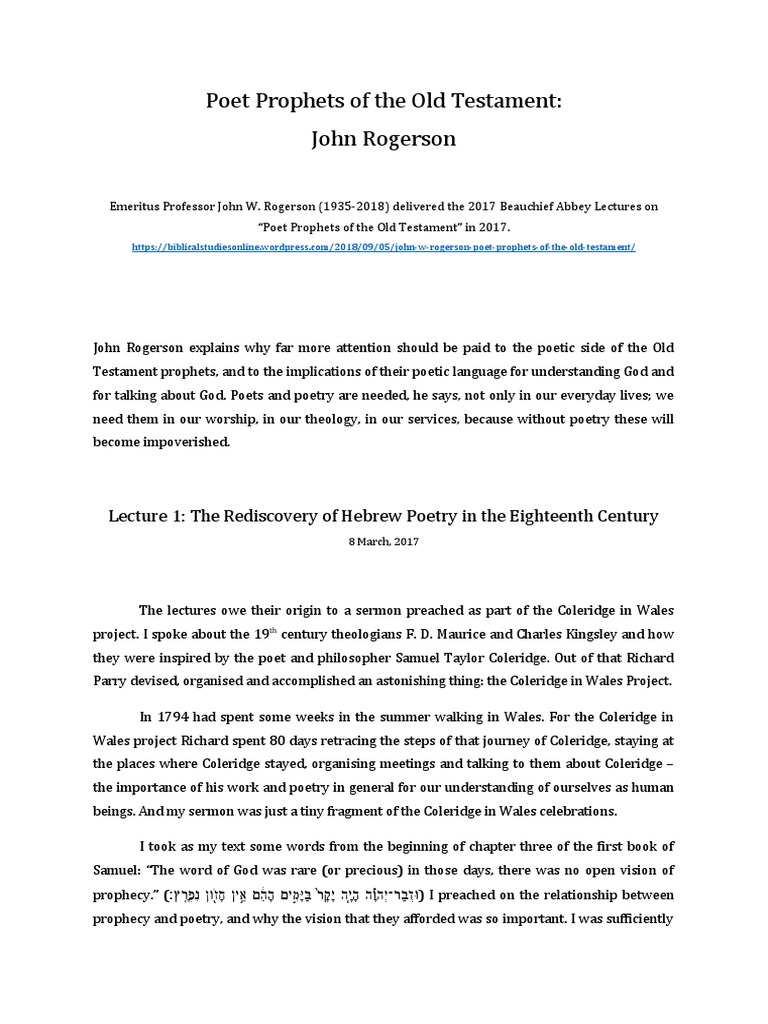 Poet Prophets of The Old Testament: John Rogerson: Lecture 1: The ...