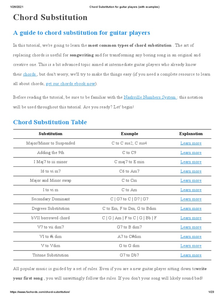 Chord Substitution For Guitar Players (With Examples) | PDF