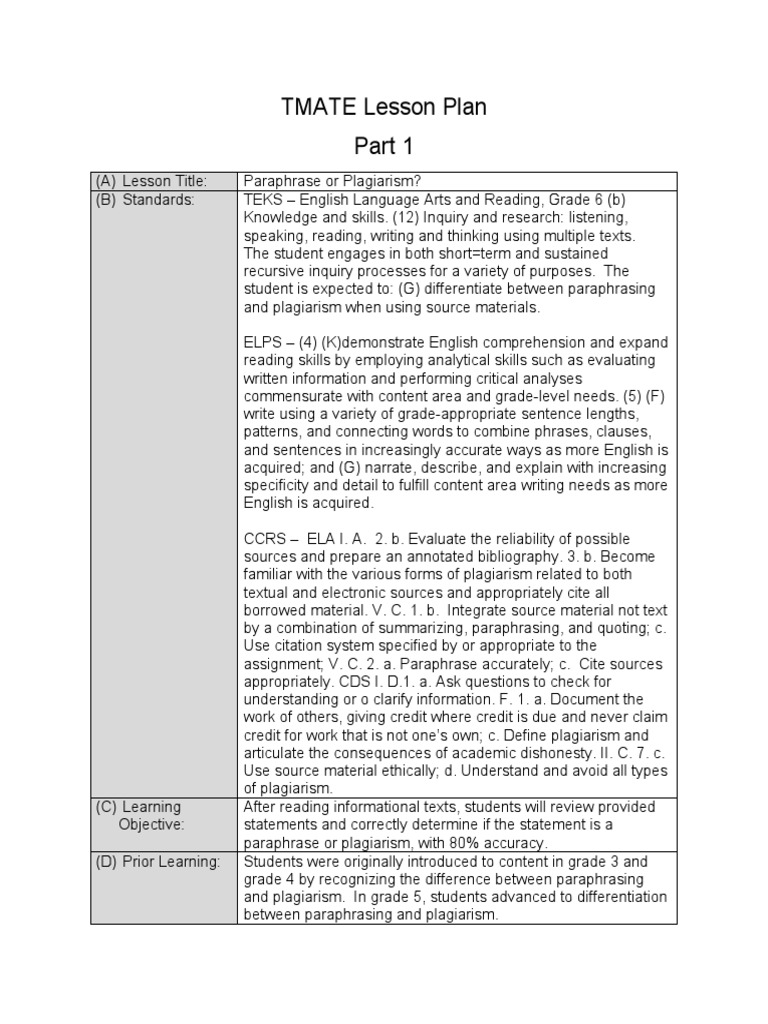 Lesson Plan 3 Part 1 | PDF | Plagiarism | Teachers