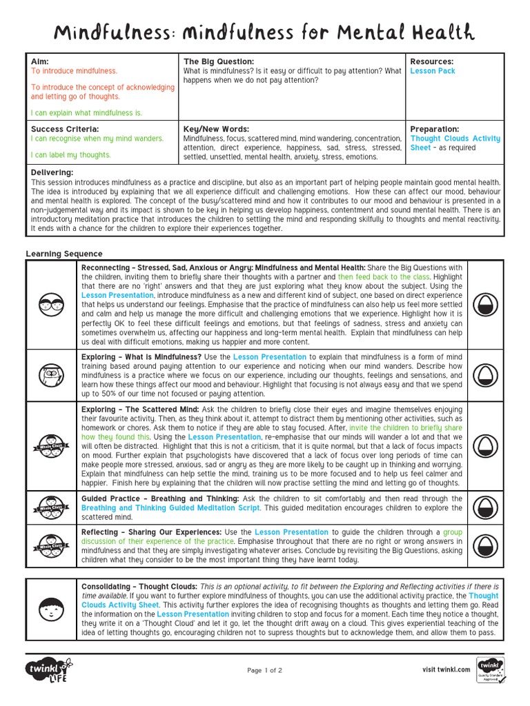 Mindfulness for Mental Health Lesson Plan | PDF | Mindfulness | Feeling