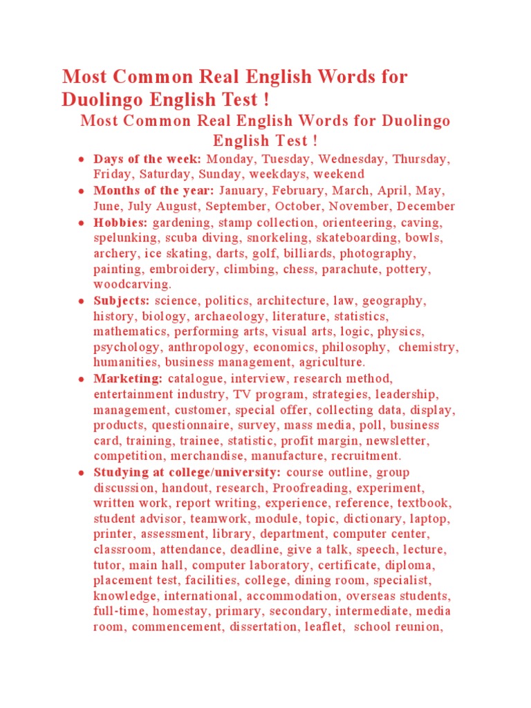 Most Common Real English Words For Duolingo English Test | PDF | Coal ...