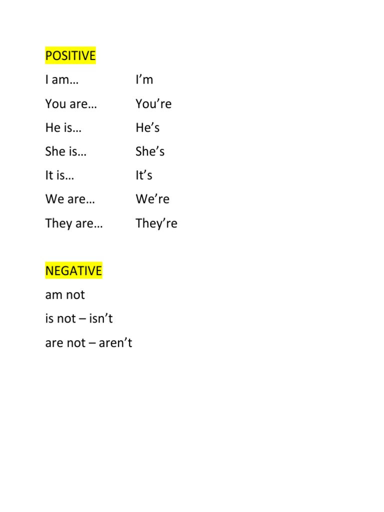 Verb To Be Positive | PDF