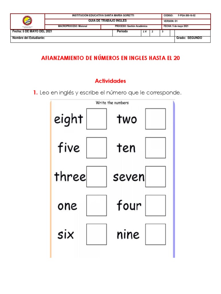 Learning English numbers up to 20 | PDF