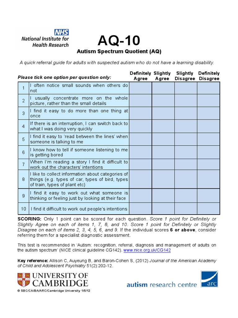 Autism Spectrum Quotient (AQ) : Definitely Agree Slightly Agree ...