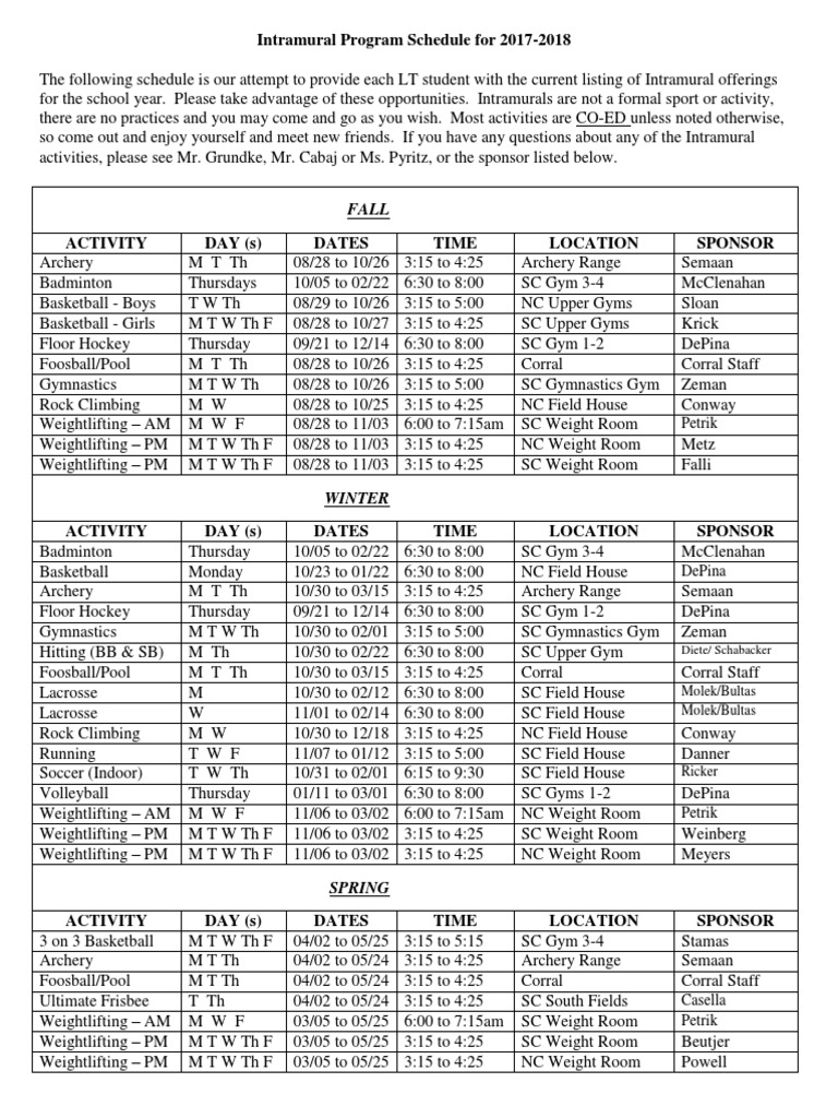 Intramural Program Schedule For 2017-2018: Petrik | PDF | Recreation ...