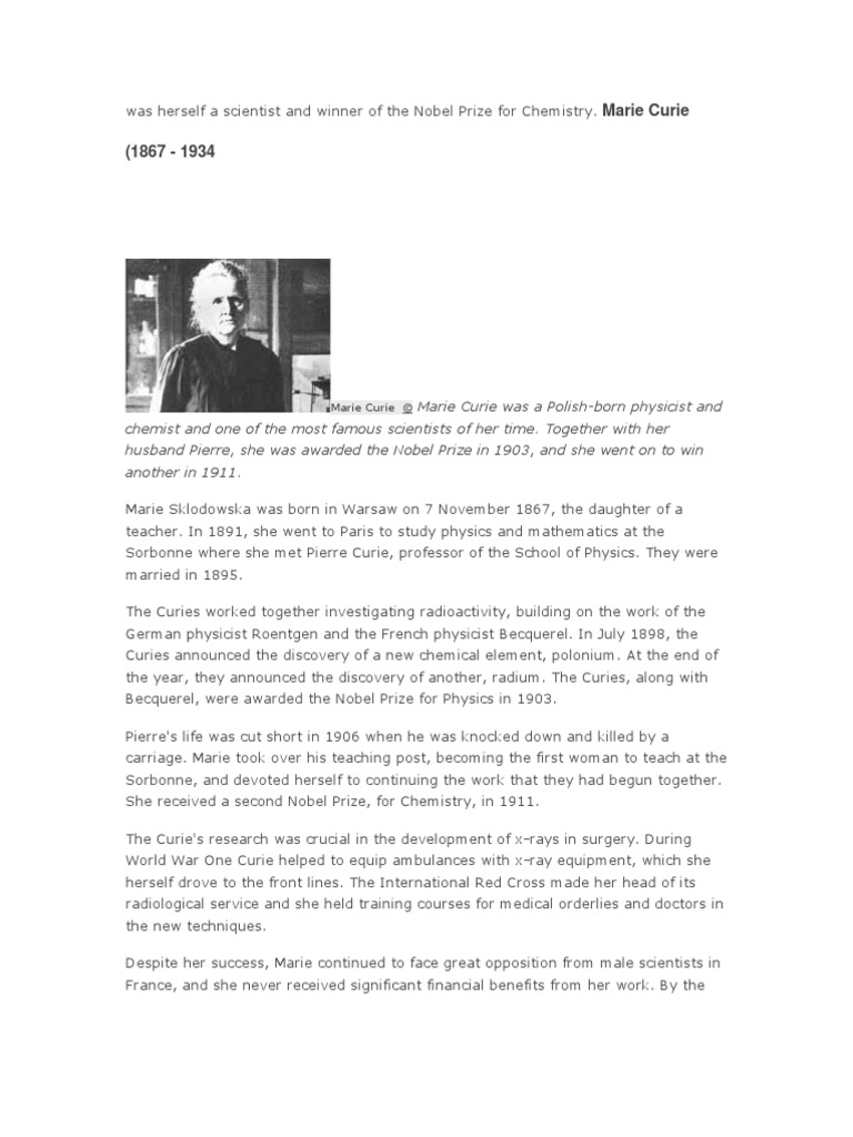 Marie Curie: Pioneer of Radioactivity | PDF | Social Science