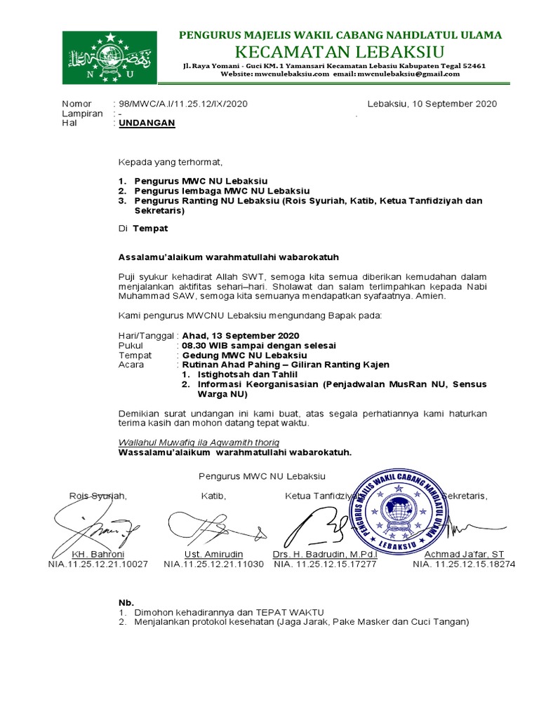 Undangan Rutin MWC NU Lebaksiu 2020 | PDF