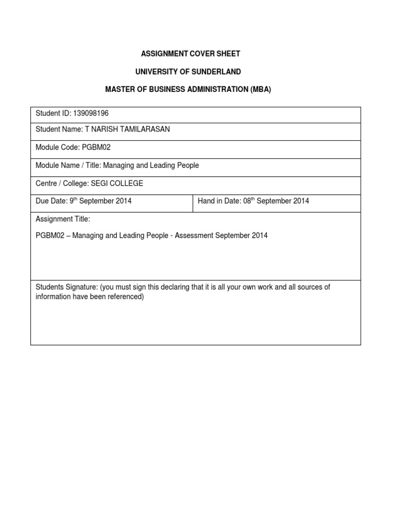 Assignment Cover Sheet University of Sunderland Master of Business ...