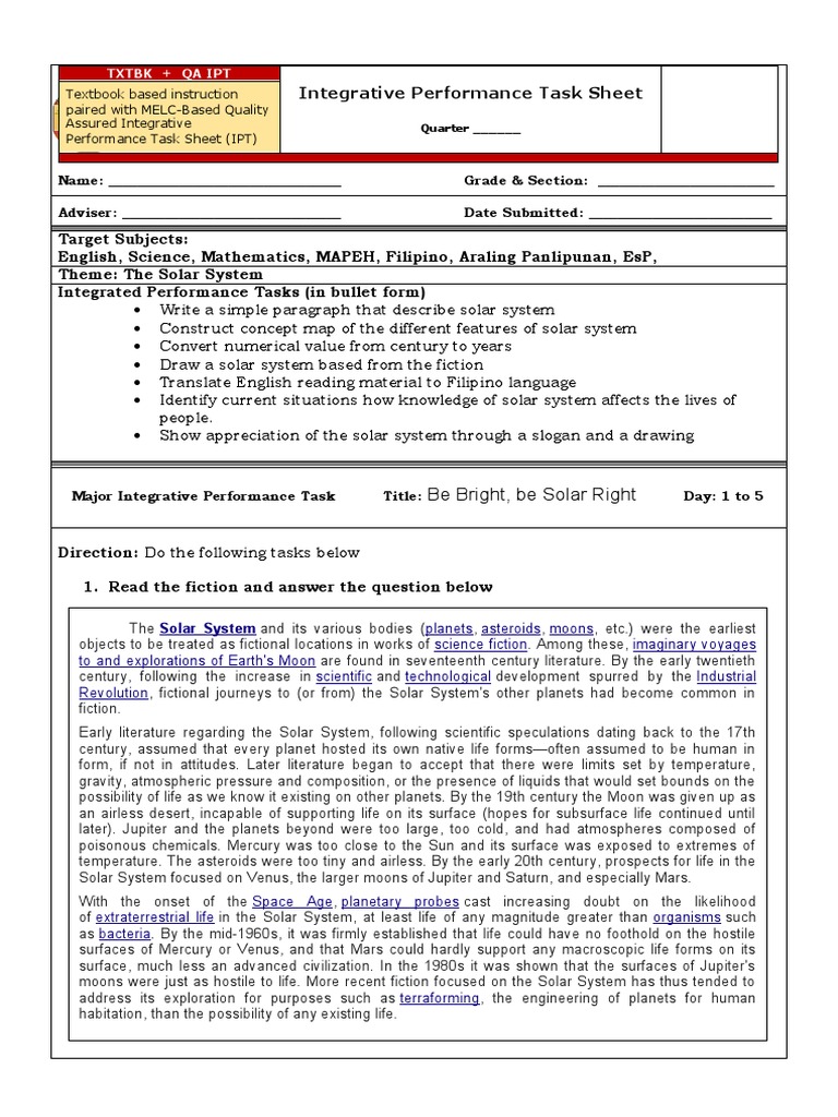 Integrative Performance Task Sheet | PDF | Solar System | Jupiter