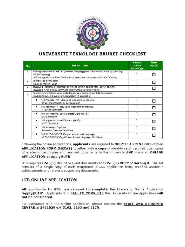 Universiti Teknologi Brunei Checklist: Utb Online Application ...