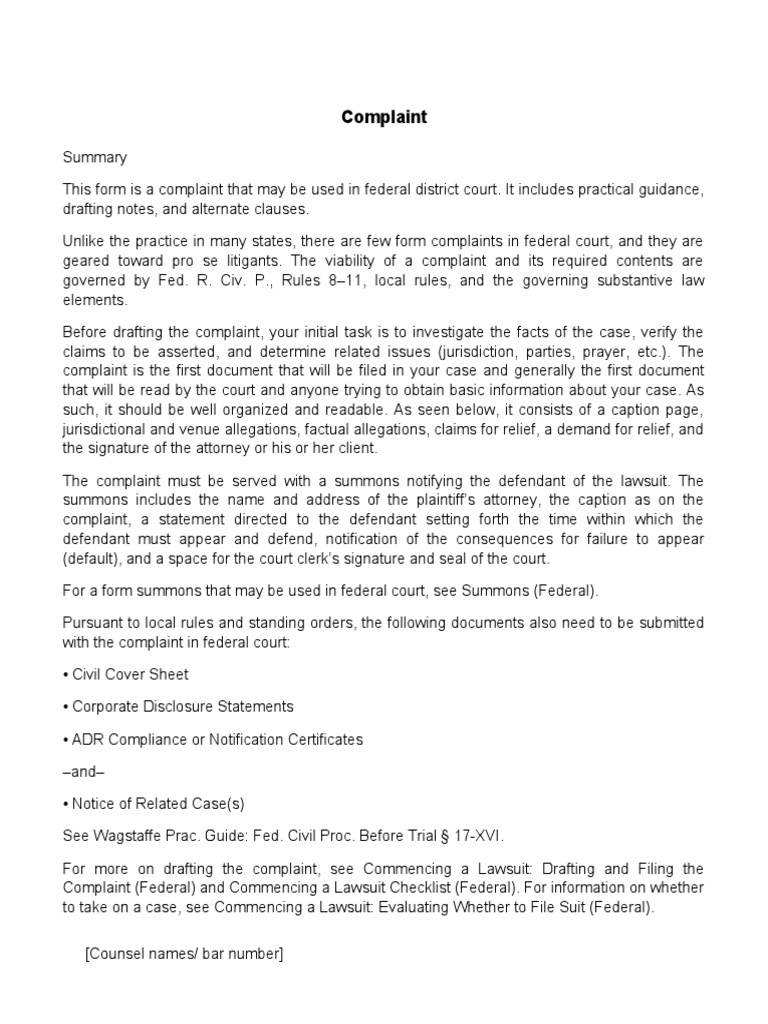 Complaint (Federal) | PDF | Diversity Jurisdiction | Complaint