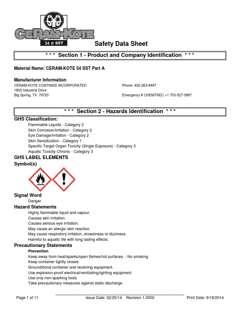 Safety Data Sheet: Section 1 - Product and Company Identification | PDF ...
