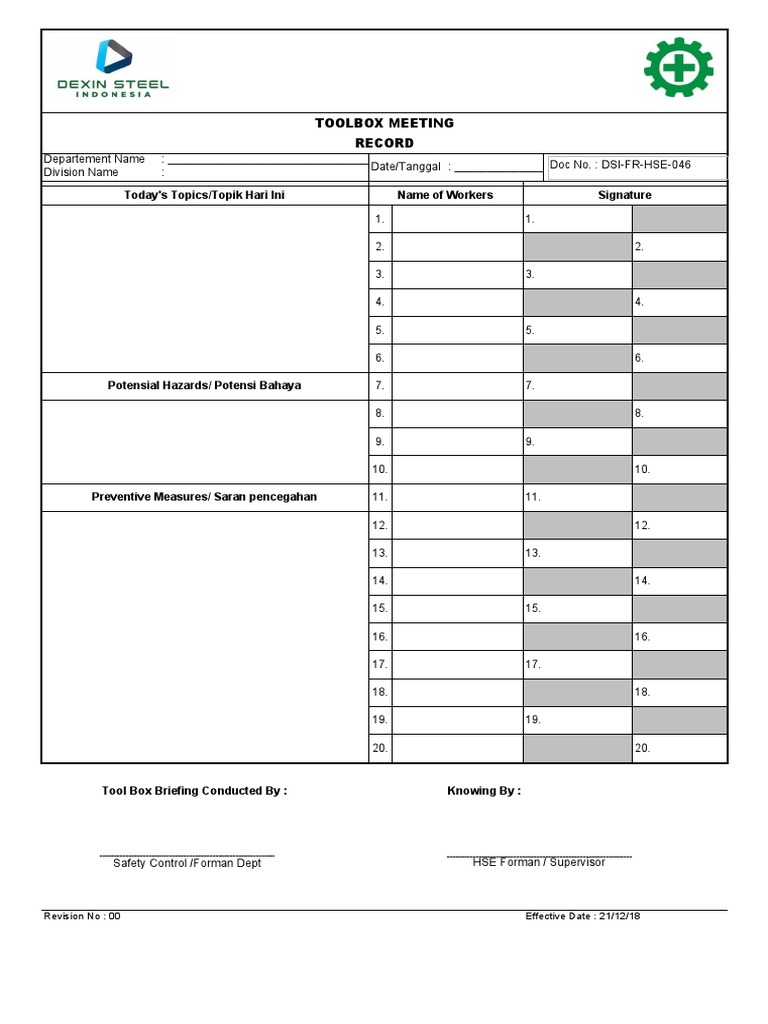 Toolbox Meeting Record Template | PDF | Workplace | Labor Relations