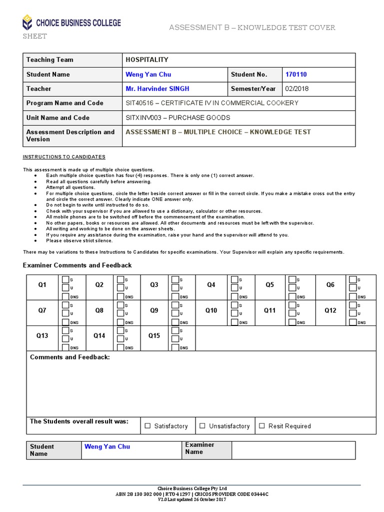 Assessment B - Knowledge Test (Weng Yan CHU) | PDF | Test (Assessment ...
