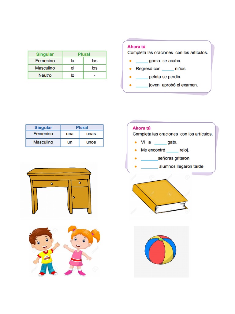 Ejercicios de artículos en español para niños | PDF