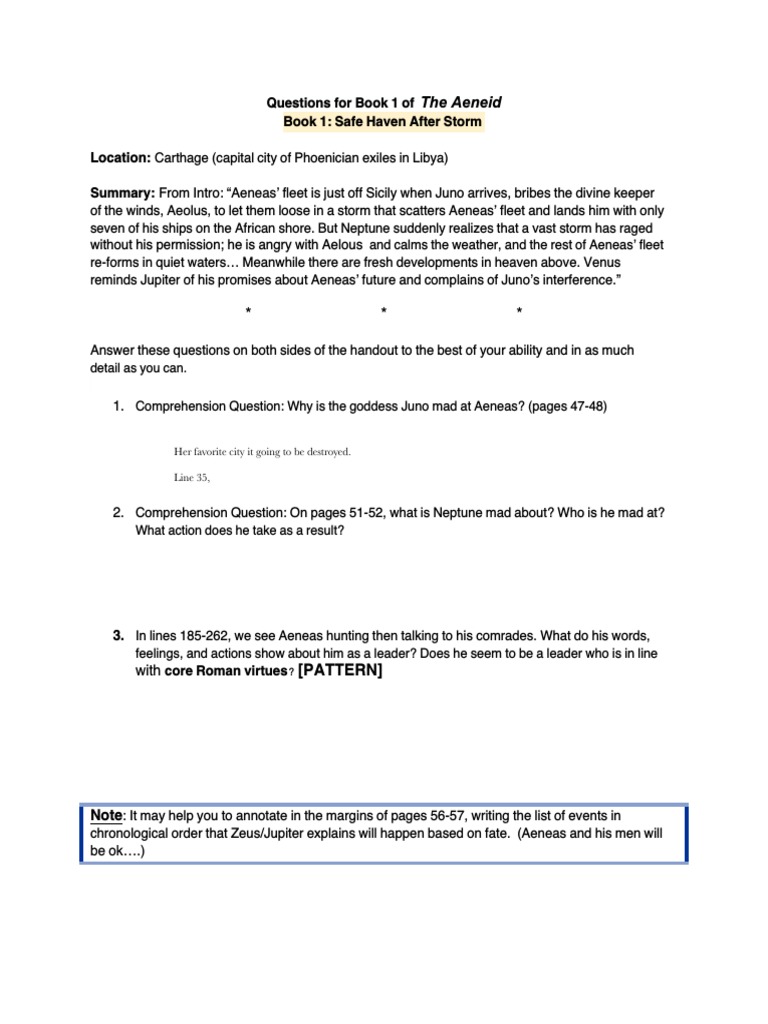 Questions For Book 1 of The Aeneid | PDF