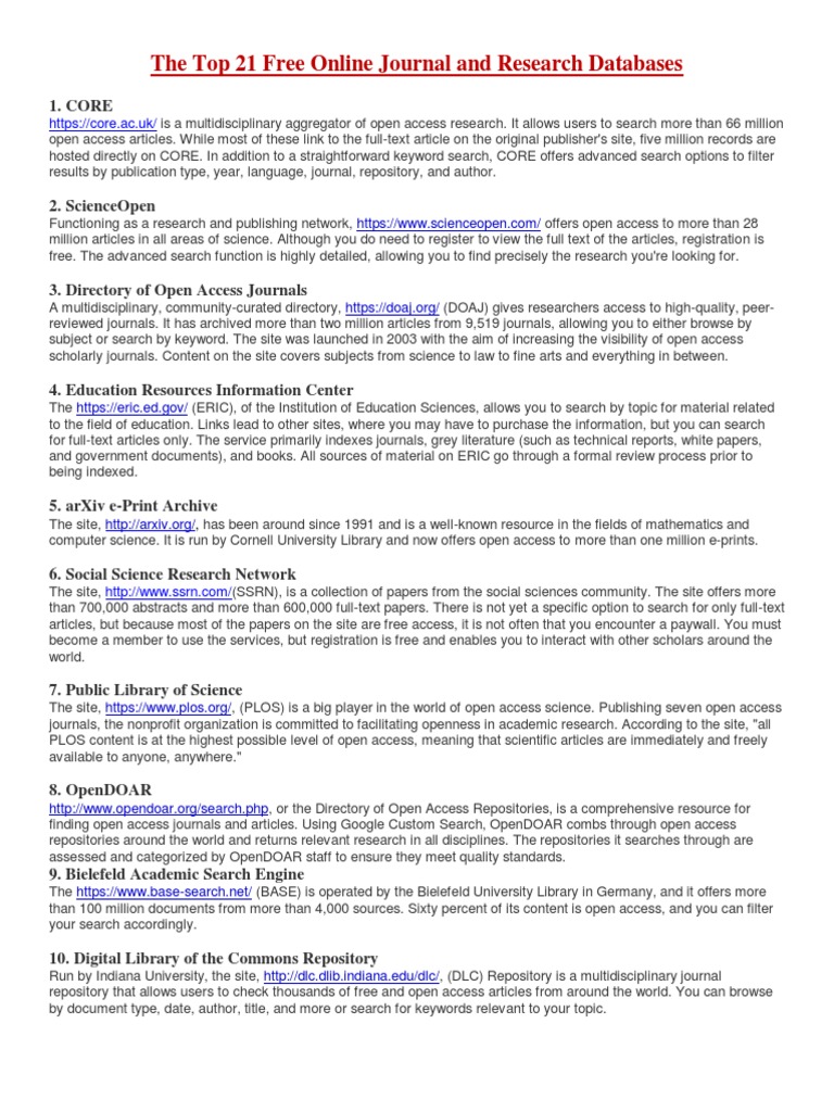 Top 21 Free Research Databases Online | PDF | Open Access | Digital Library