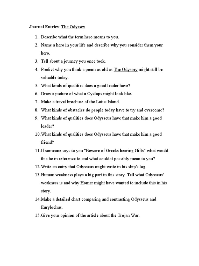 Journal Prompts on The Odyssey and Heroism | PDF