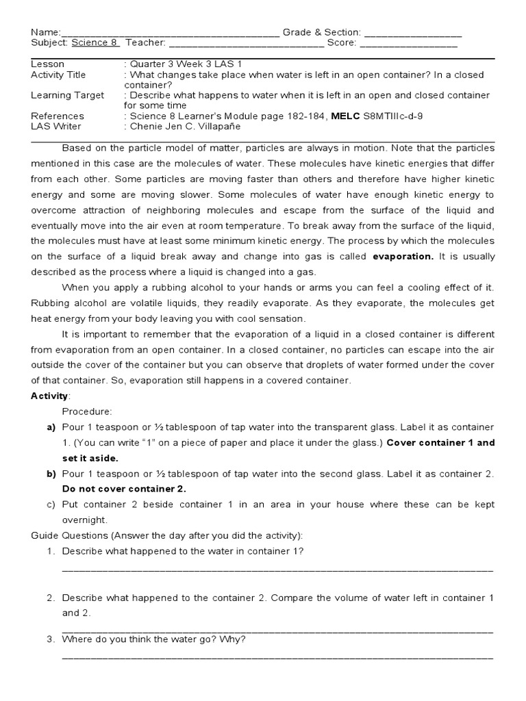 Science 8 Water Evaporation Experiment | PDF | Evaporation | Liquids