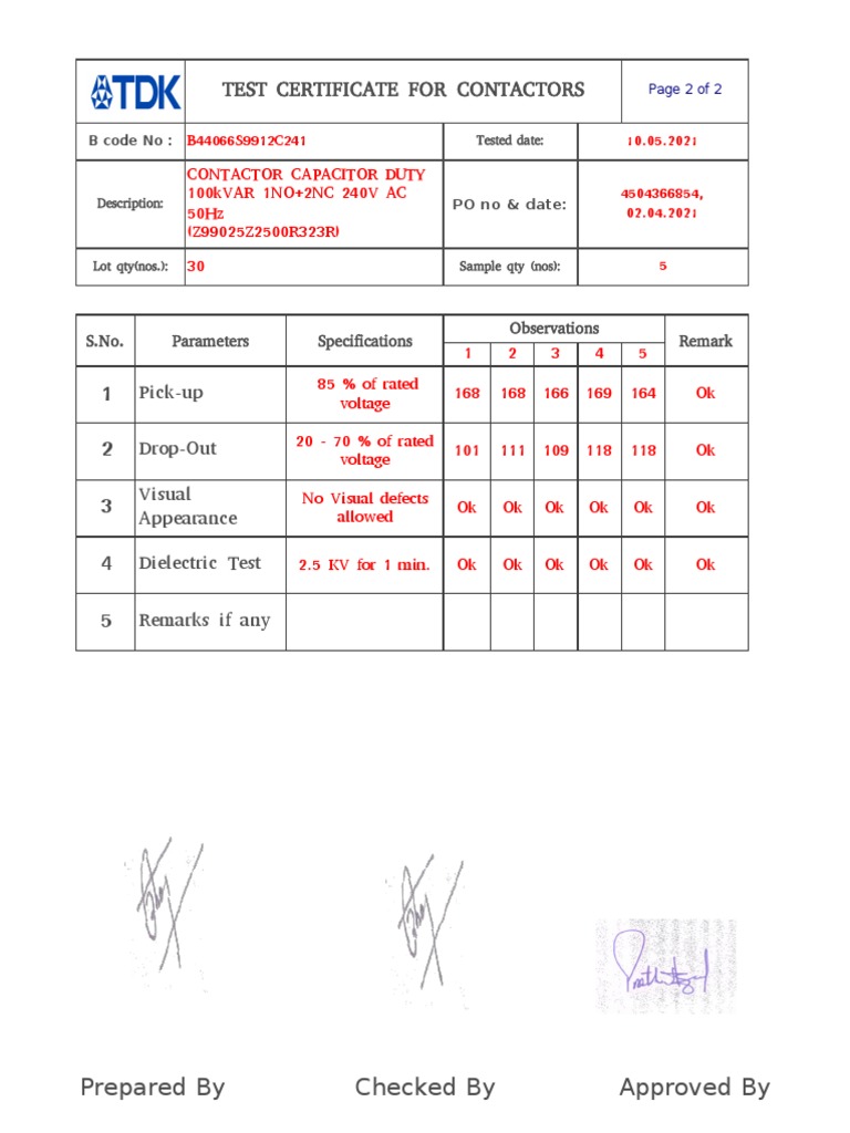 Test Certificate For Contactors: Prepared by Checked by Approved by ...
