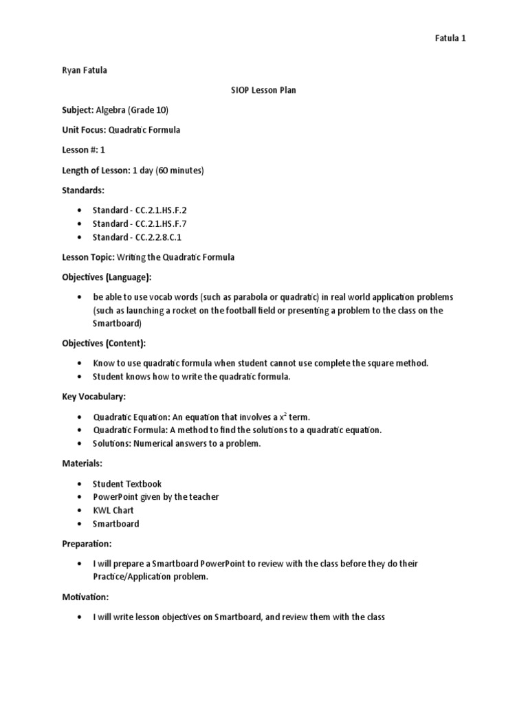 Final Siop Lesson Plan | PDF | Quadratic Equation | Behavior Modification