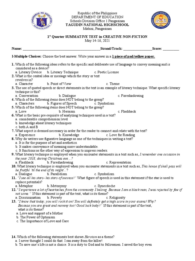 1st Quarter Summative Test in CREATIVE NON-FICTION | PDF | Narration ...