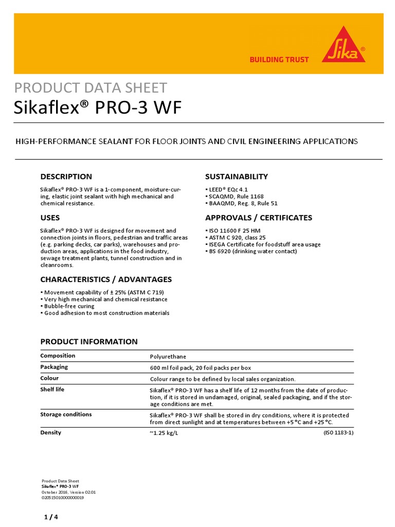 Sikaflex® PRO-3 WF: Product Data Sheet | Download Free PDF | Relative ...