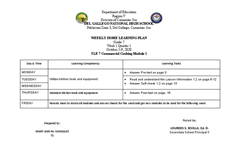 Tle 7 Weekly Home Learning Plan | PDF
