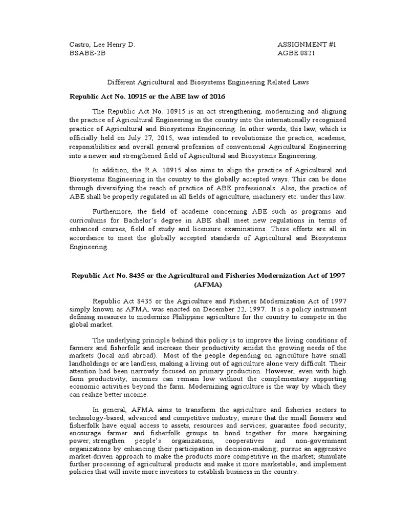 An Analysis of Key Philippine Laws Related to Agricultural and Biosystems Engineering | PDF ...