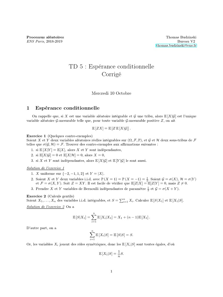 td5 Processus Corrige | PDF | Espérance mathématique | Probabilité