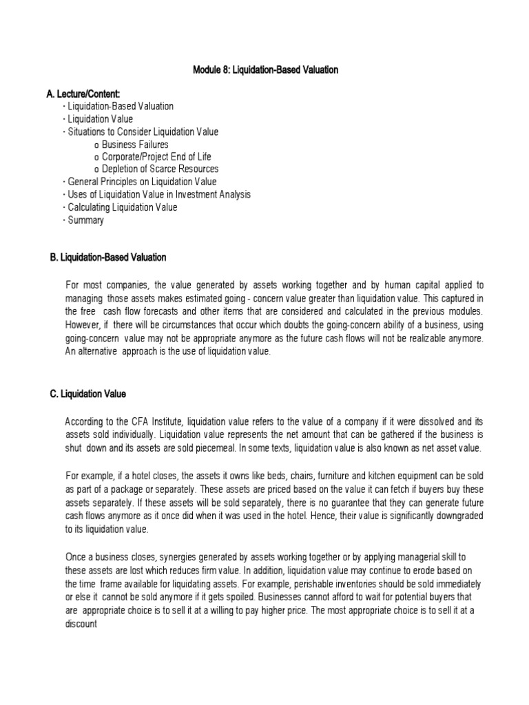 Module 8 - Liquidation-Based Valuation (Learning Contents) | PDF | Book Value | Valuation (Finance)