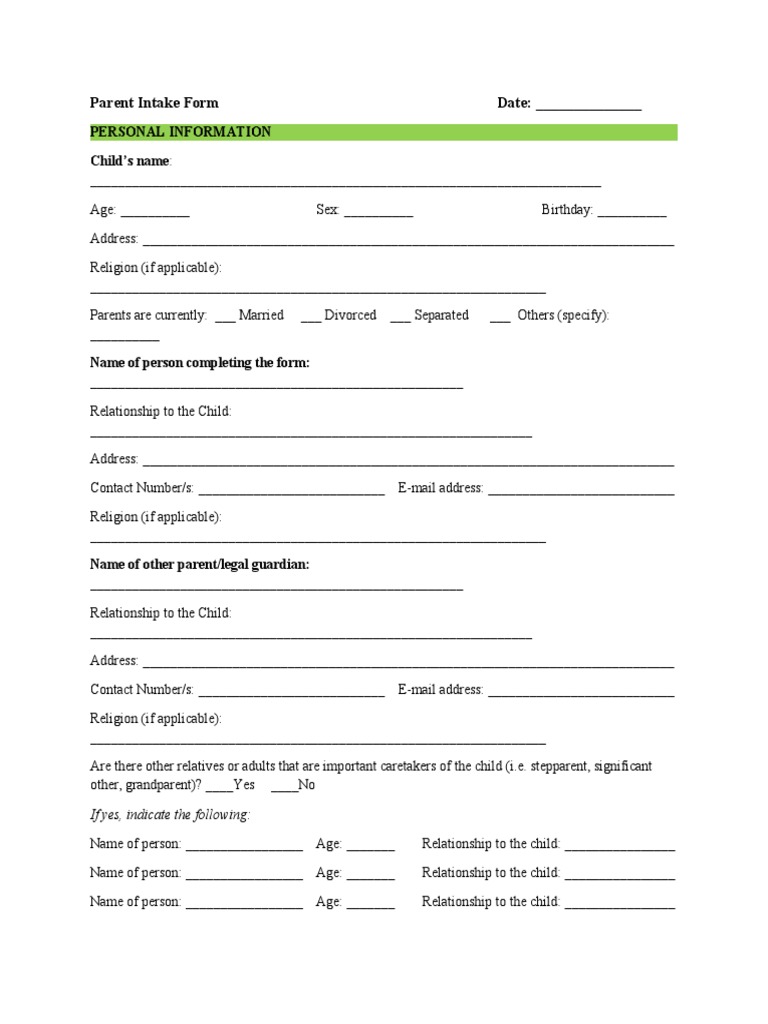 Parent Intake Interview Form | PDF | Psychotherapy | Parent