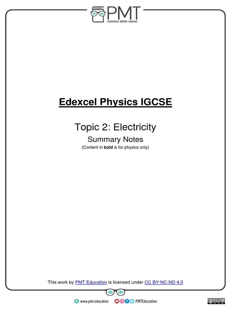 Summary Notes - Topic 2 Electricity - Edexcel Physics IGCSE | PDF ...