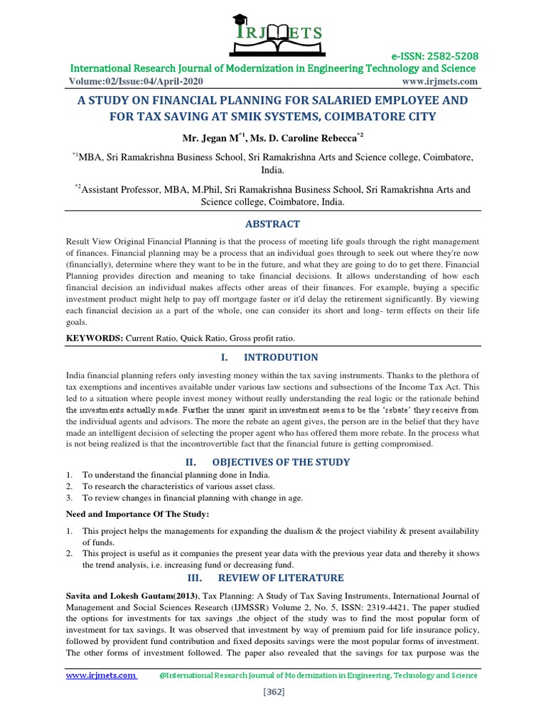A Study On Financial Planning For Salaried Employee and For Tax Saving at Smik Systems ...