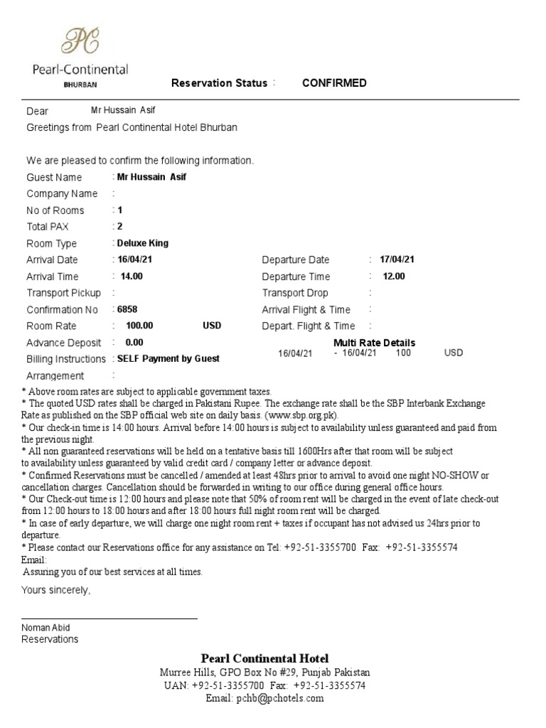 Confirmed Reservation Status: Pearl Continental Hotel | PDF | Payments ...