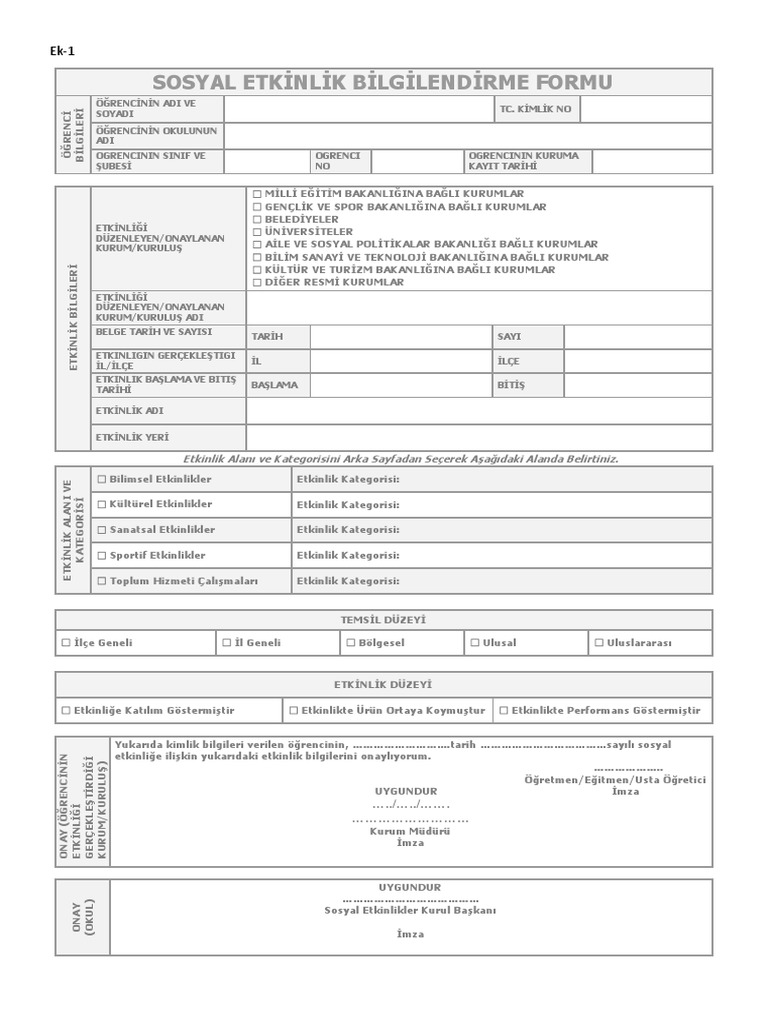 Sosyal Etkinlik Bilgilendirme Formu Ek-1 | PDF