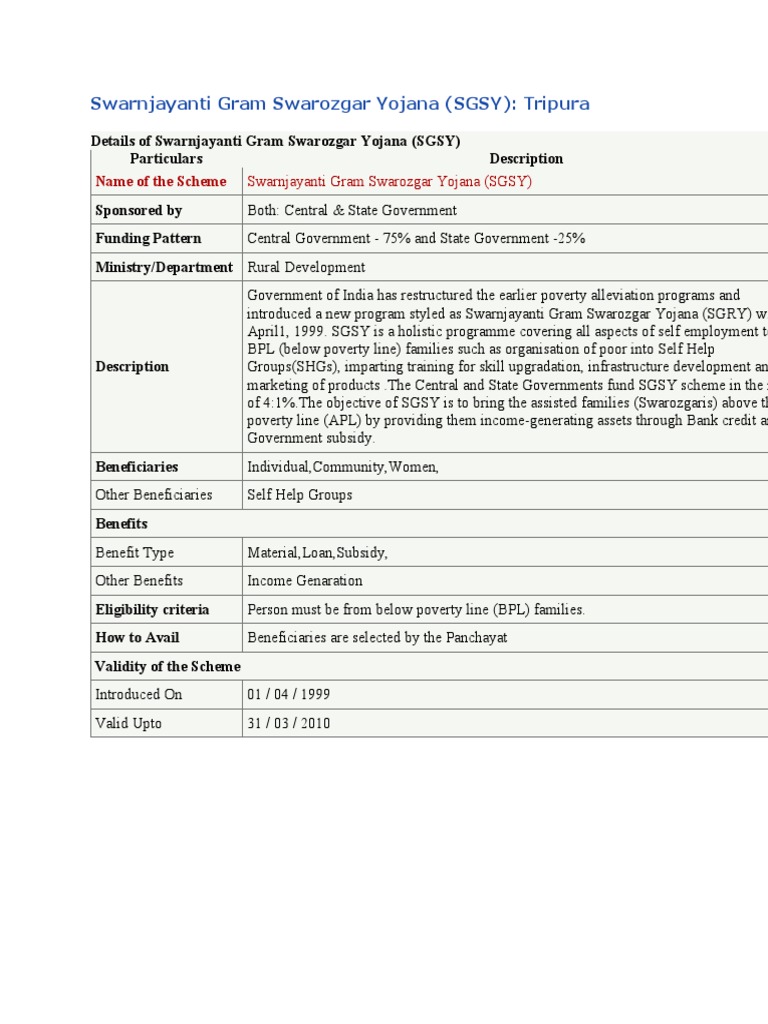 SGSY Scheme Overview for Tripura | PDF
