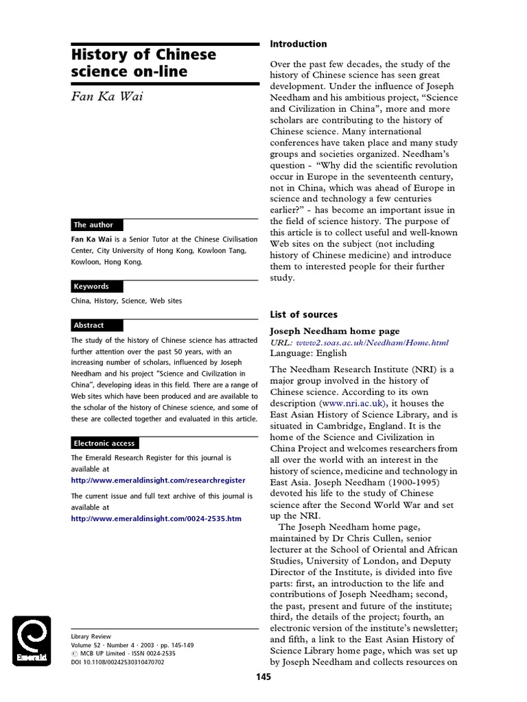 History of Chinese Science Online | PDF | Science | China