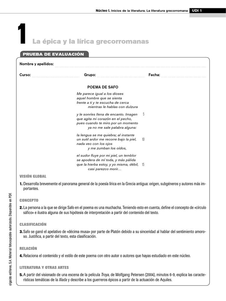 Prueba de Literatura Grecorromana | PDF | Poesía
