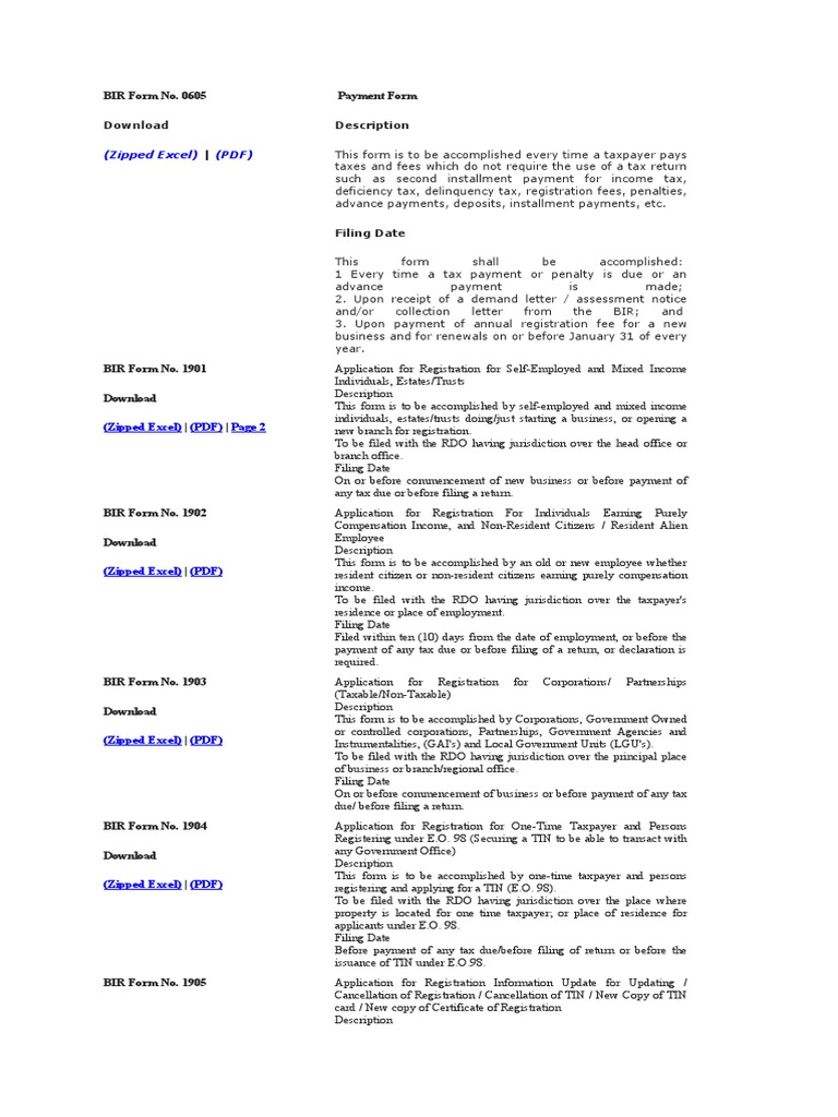 BIR Form No. 0605: (Zipped Excel) PDF | PDF | Taxpayer | Payments