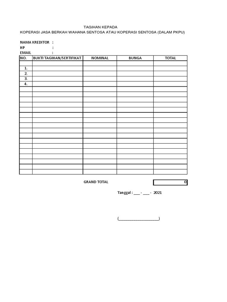 SPFWG Koperasi Sentosa Daftar Tagihan Form | PDF
