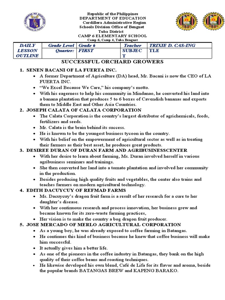 Successful Orchard Growers: Daily Lesson Outline Grade Level Grade 6 ...