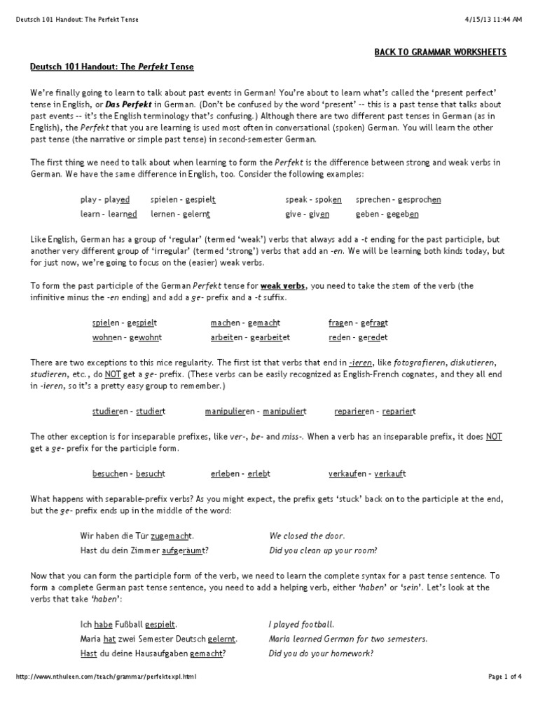 Deutsch 101 Handout: The Perfekt Tense | PDF | Perfect (Grammar ...