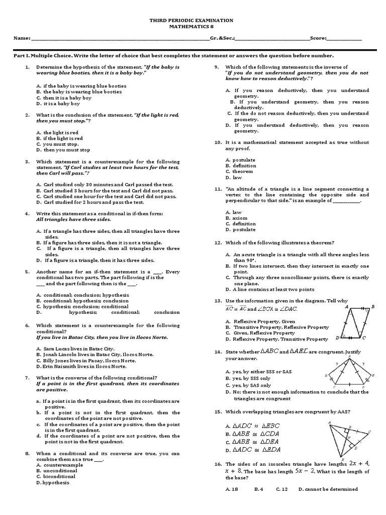 Mathematics 8 Third Periodic Exam | PDF | Deductive Reasoning | Triangle
