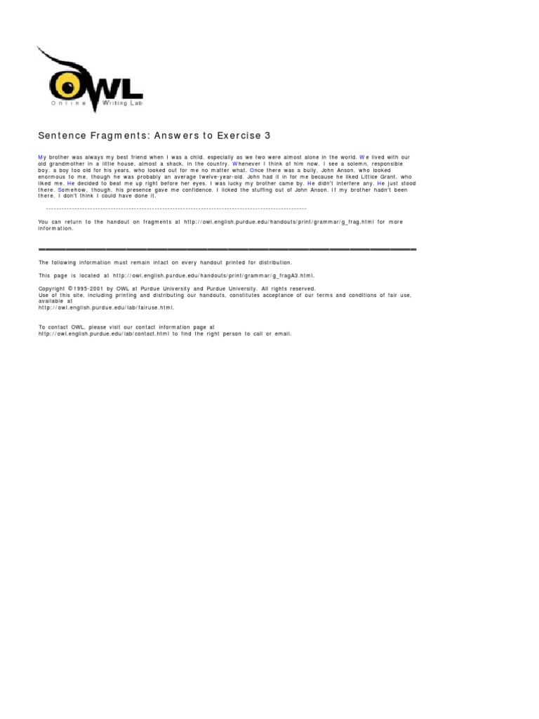 Sentence Fragments Answer Key Exercise 3 | PDF